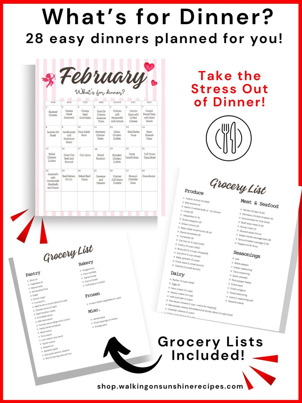 February Monthly Meal Calendar: 28 Easy Dinners with a Complete Grocery ...